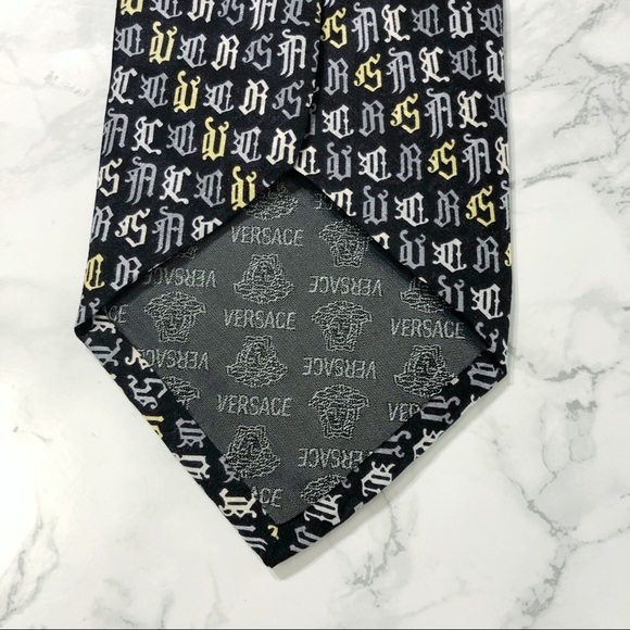 Versace | Accessories | Versace Black Gold Allover Spellout Silk Tie ...
